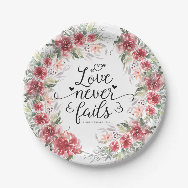 Love Never Fails Bible Verse Pink Floral Wreath Paper Plates | Zazzle