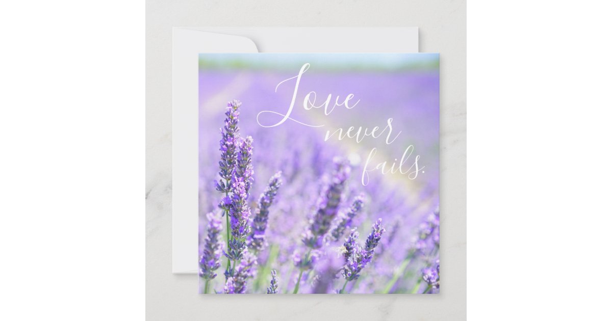 Love Never Fails Bible Verse Quote Lavender Flower Card | Zazzle