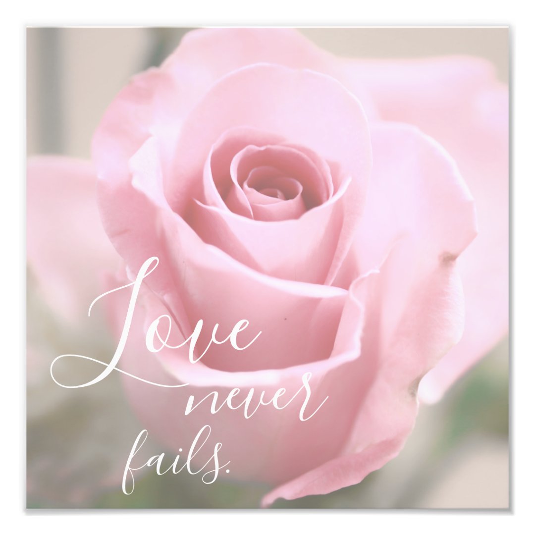 Love Never Fails Bible Verse Quote Pink Rose Photo Print | Zazzle