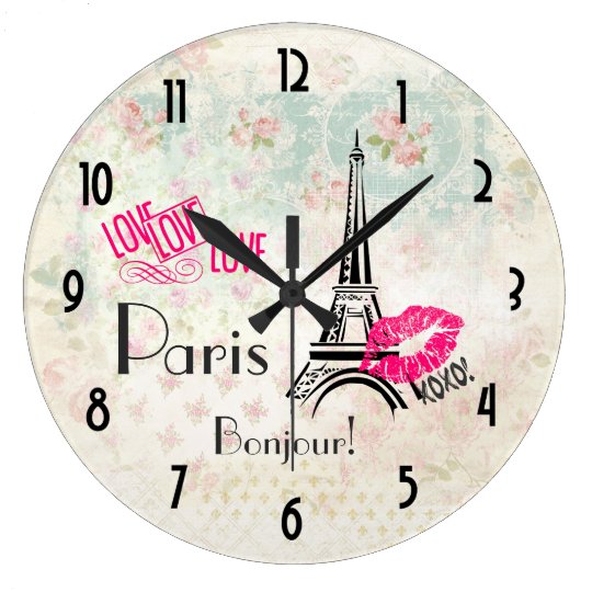 Love Paris with Eiffel Tower on Vintage Pattern Large Clock | Zazzle.com