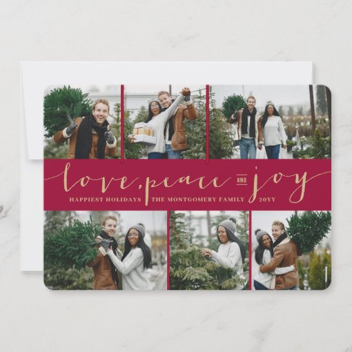 Love Peace Joy Maroon Band Modern 6 Photo Collage Holiday Card | Zazzle