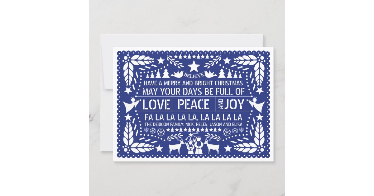 Love Peace, Joy papel picado blue Christmas Holiday Card | Zazzle
