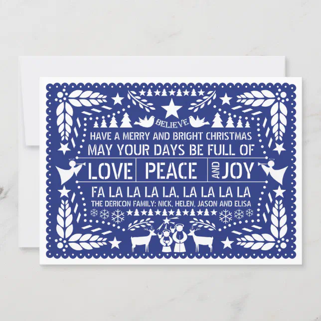 Love Peace, Joy papel picado blue Christmas Holiday Card | Zazzle