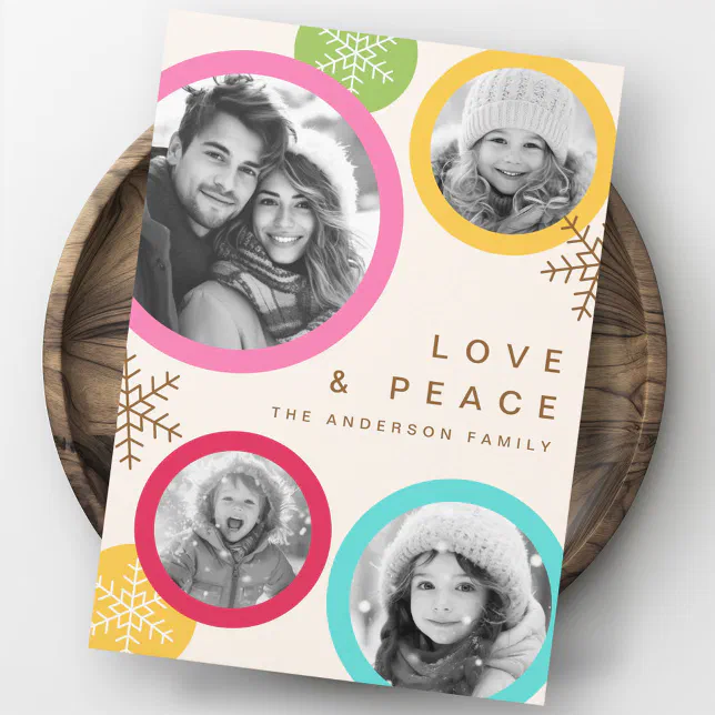 Love peace snowflakes colorful photo holiday card | Zazzle