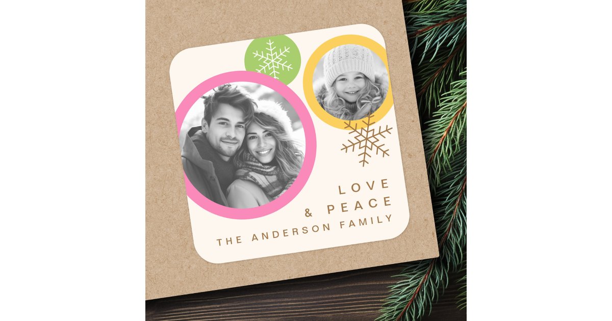 Love peace snowflakes colorful photo holiday square sticker | Zazzle