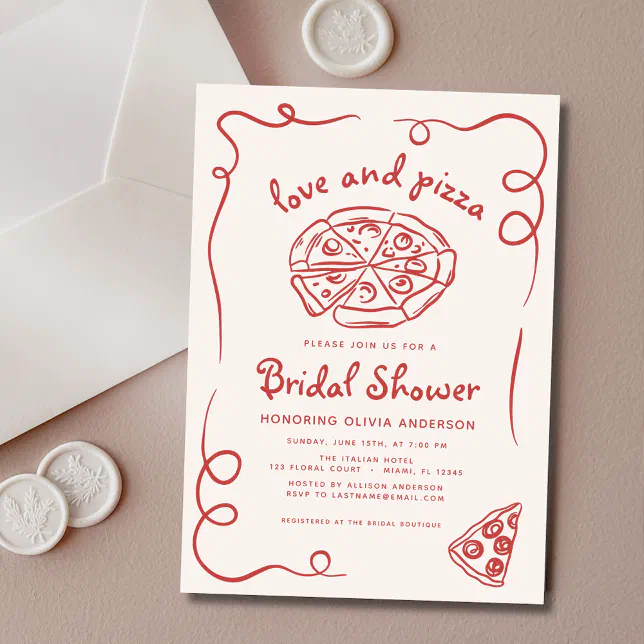 Love & Pizza Italian Hand Drawn Red Bridal Shower Invitation | Zazzle