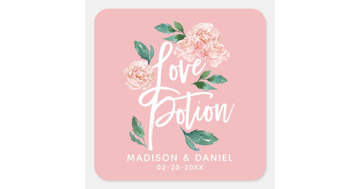 Love Potion Blush Pink Floral Personalized Square Sticker | Zazzle