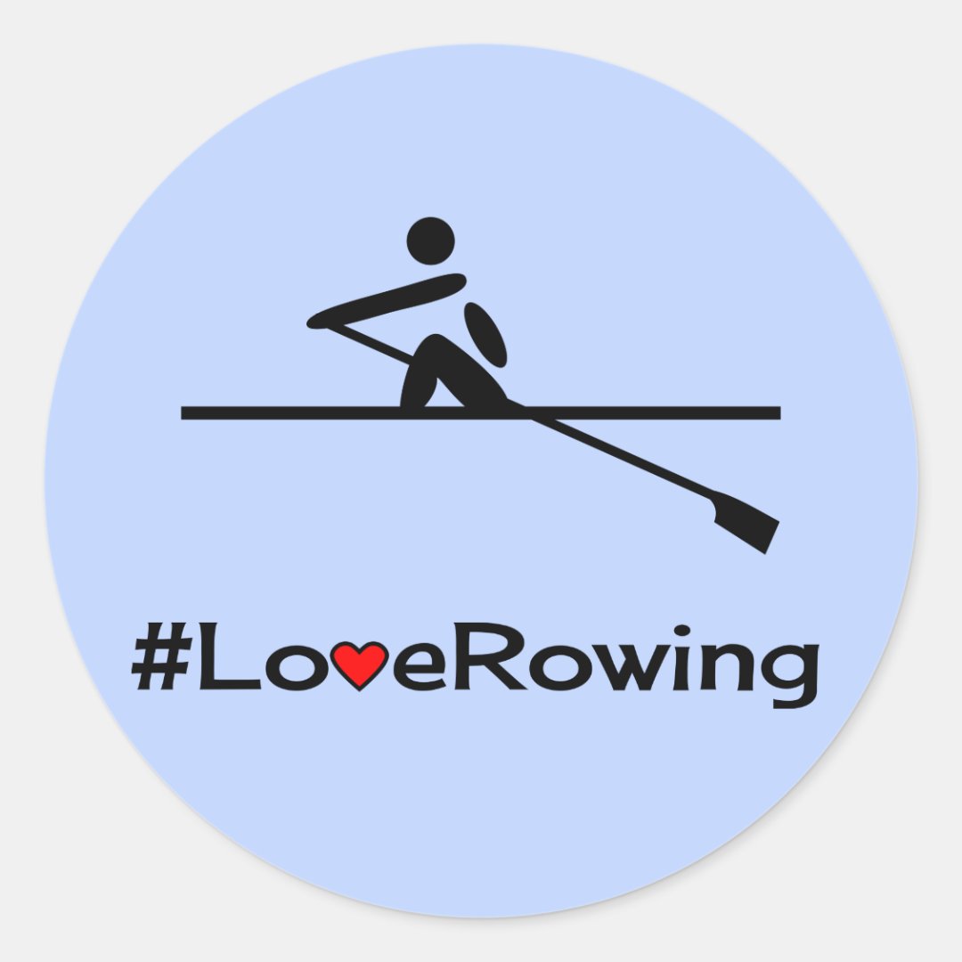 Love rowing caption blue classic round sticker | Zazzle