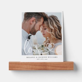 Love Script Heart Minimal Custom Wedding Photo Picture Ledge | Zazzle