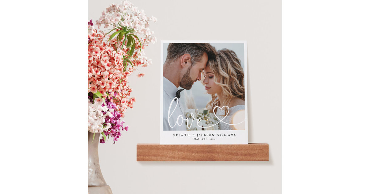 Love Script Heart Minimal Custom Wedding Photo Picture Ledge | Zazzle