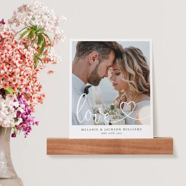 Love Script Heart Minimal Custom Wedding Photo Picture Ledge | Zazzle