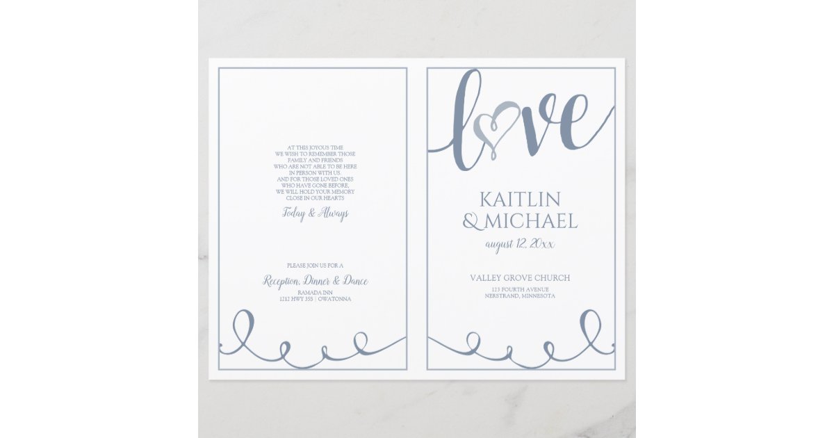 Love Script Heart Wedding Programs Dusty Blue | Zazzle
