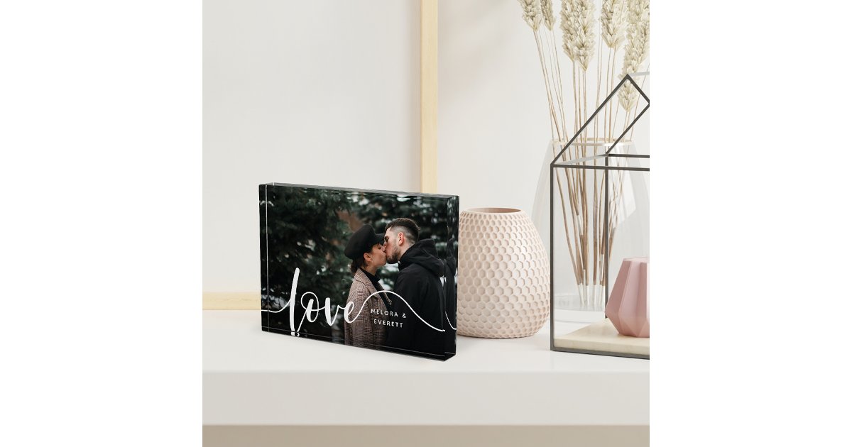 Love Script Overlay Couples Personalized Photo Block | Zazzle