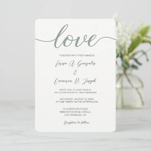 Love Script Wedding typography Sage Green Invitation | Zazzle