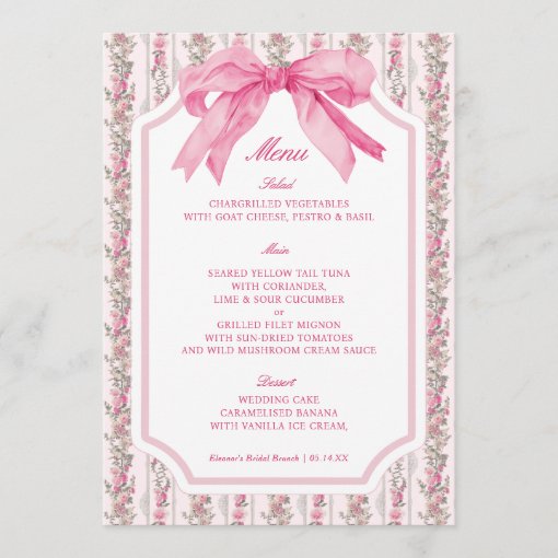 Love Shack Vintage Floral Pink Bow Party Menu | Zazzle