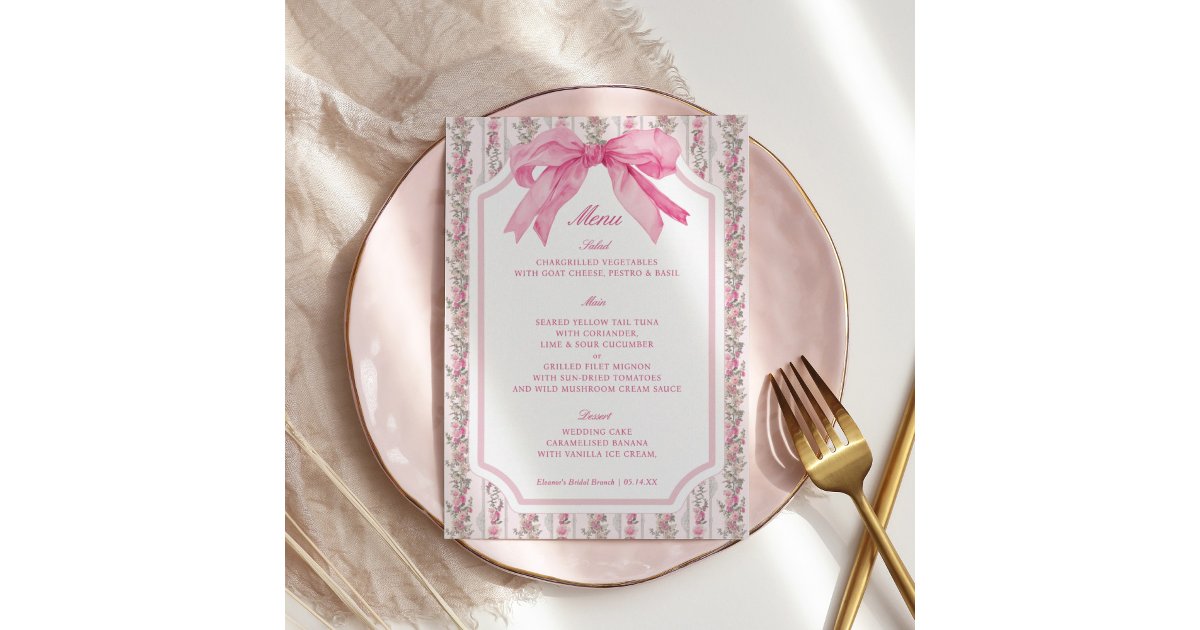 Love Shack Vintage Floral Pink Bow Party Menu | Zazzle