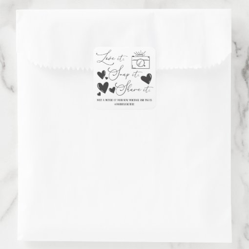 Love Snap Share Camera Hearts Script Etsy Business Square Sticker | Zazzle