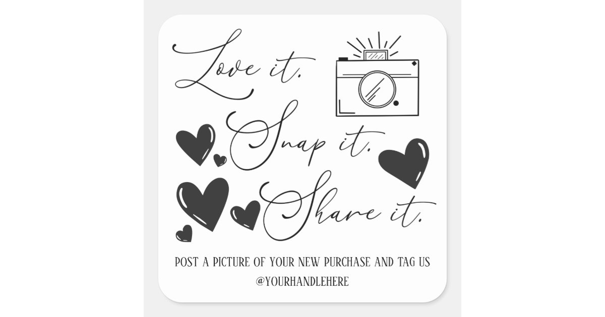 Love Snap Share Camera Hearts Script Etsy Business Square Sticker | Zazzle