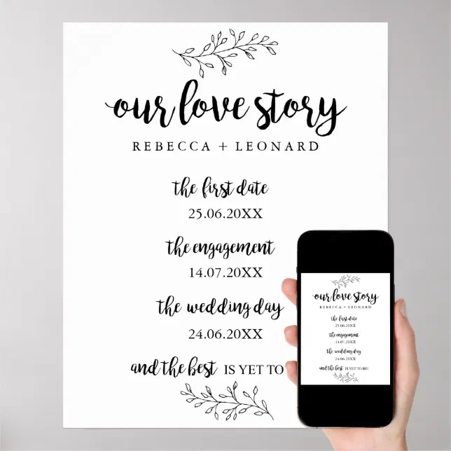 love story timeline wedding sign rustic botanical | Zazzle