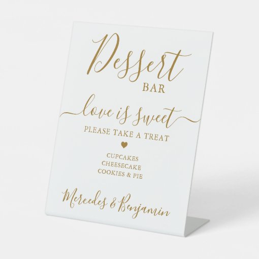 Love Sweet Personalized Gold Wedding Dessert Bar Pedestal Sign | Zazzle