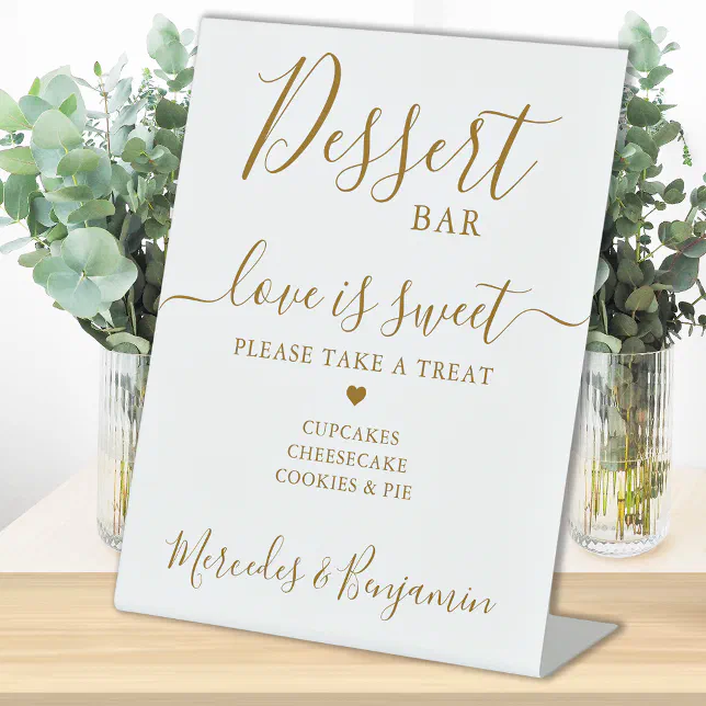 Love Sweet Personalized Gold Wedding Dessert Bar Pedestal Sign | Zazzle