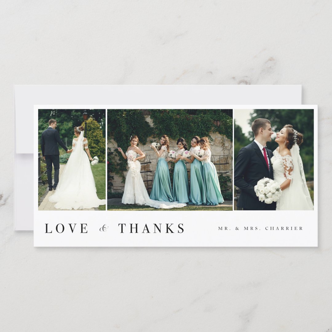 Love & Thanks Minimal 3 Photo Collage Wedding Thank You Card | Zazzle