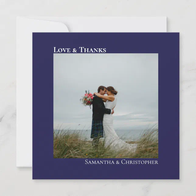 Love & Thanks Minimalist Navy Blue Wedding Photo Thank You Card | Zazzle