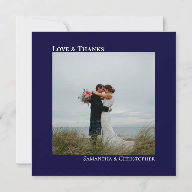Love & Thanks Minimalist Navy Blue Wedding Photo Thank You Card | Zazzle