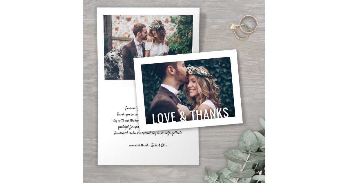 Love & Thanks Modern Simple Border 2 Photo Wedding Thank You Card | Zazzle
