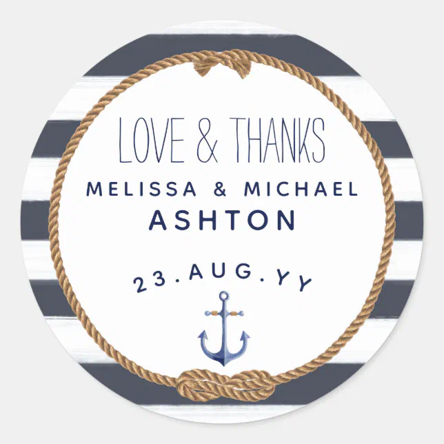 Love & Thanks Nautical Navy Blue Wedding Favor Classic Round Sticker ...