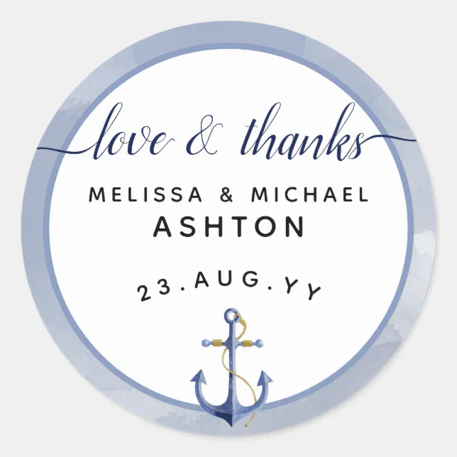 Love And Thanks Watercolor Nautical Wedding Favor Classic Round Sticker