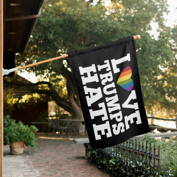 Love Trumps Hate Rainbow Heart - black background House Flag | Zazzle