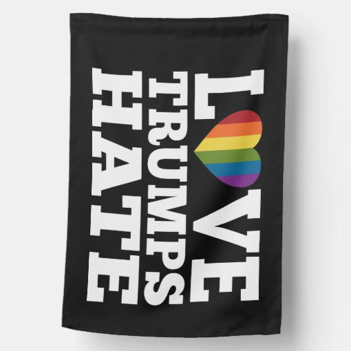 Love Trumps Hate Rainbow Heart - black background House Flag | Zazzle
