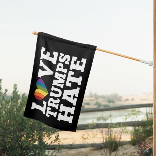 Love Trumps Hate Rainbow Heart - black background House Flag | Zazzle