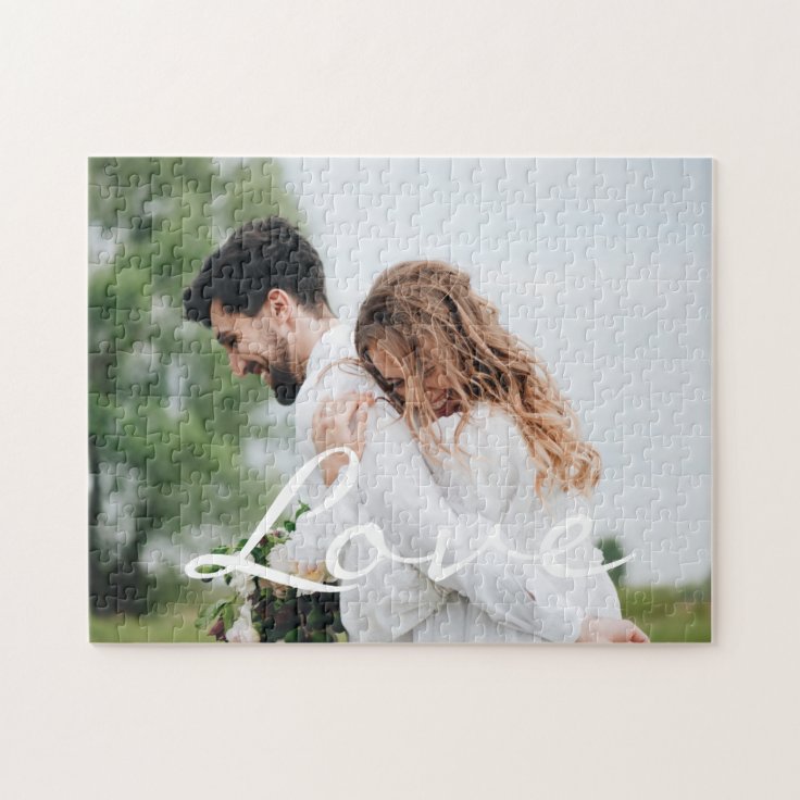 LOVE typography script custom wedding couple photo Jigsaw Puzzle | Zazzle