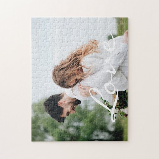 LOVE typography script custom wedding couple photo Jigsaw Puzzle | Zazzle