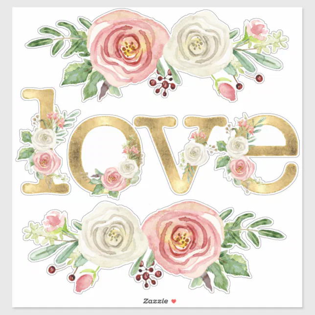 Love Wedding Honeymoon Watercolor Floral w Gold Sticker | Zazzle