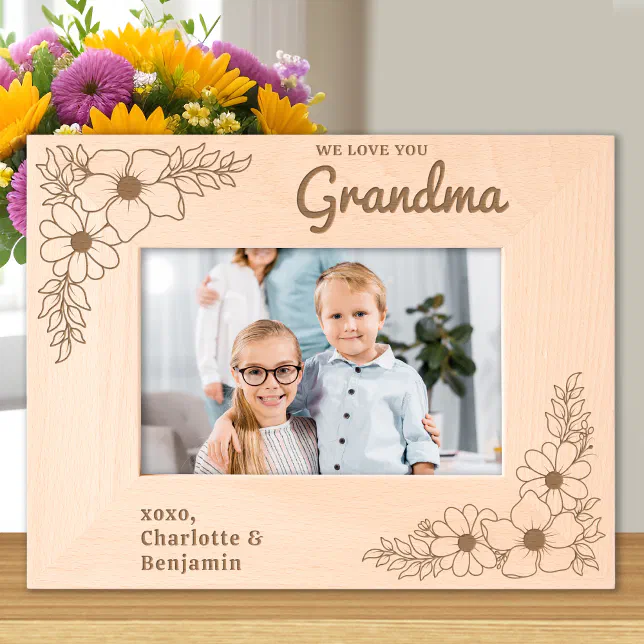 Love you Grandma Floral Personalized Wood Picture Engraved Frames | Zazzle
