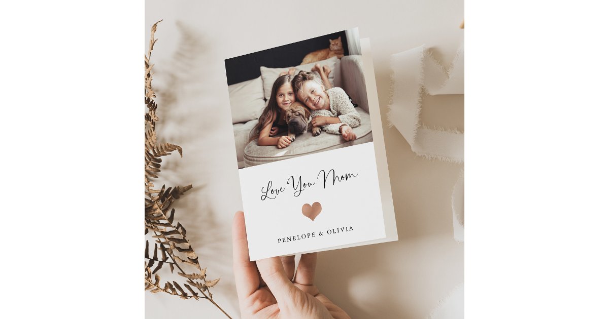 Love You Mom | Script and Heart with Photo Card | Zazzle