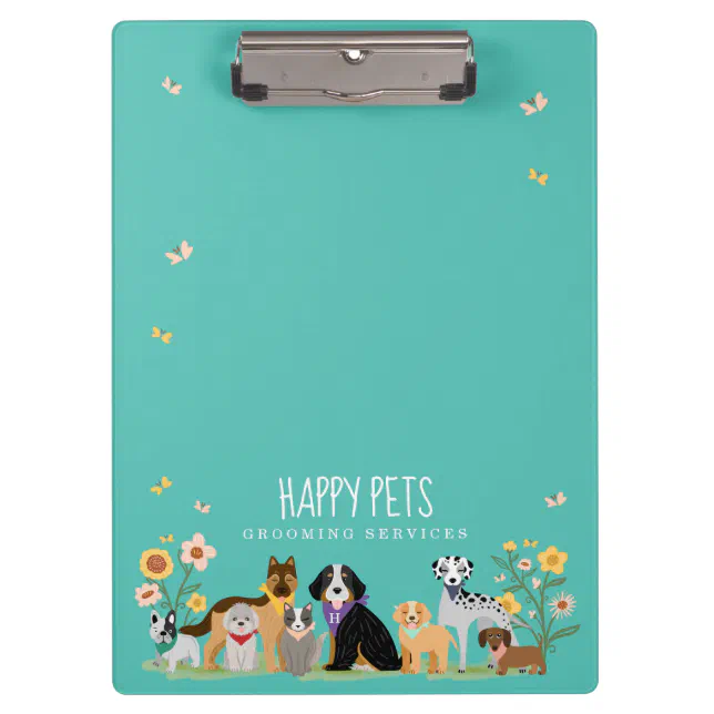 Loveable Happy Pet Family Pet Care & Grooming Teal Clipboard | Zazzle