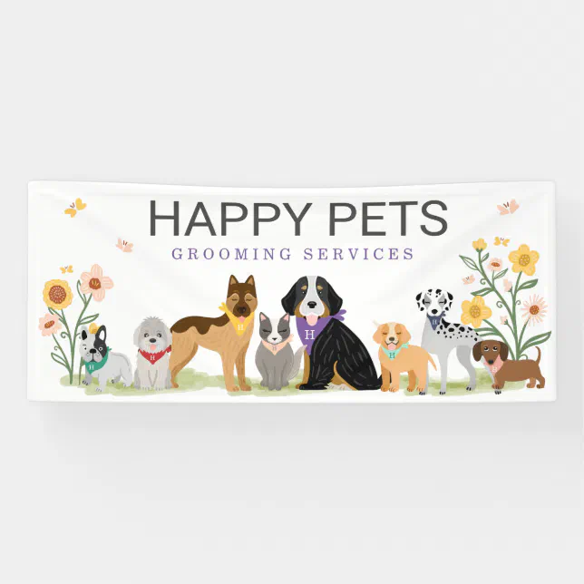 Loveable Happy Pet Family Pet Care, Grooming White Banner | Zazzle