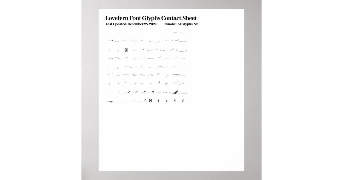 Lovefern Font Glyphs Contact Sheet Poster | Zazzle