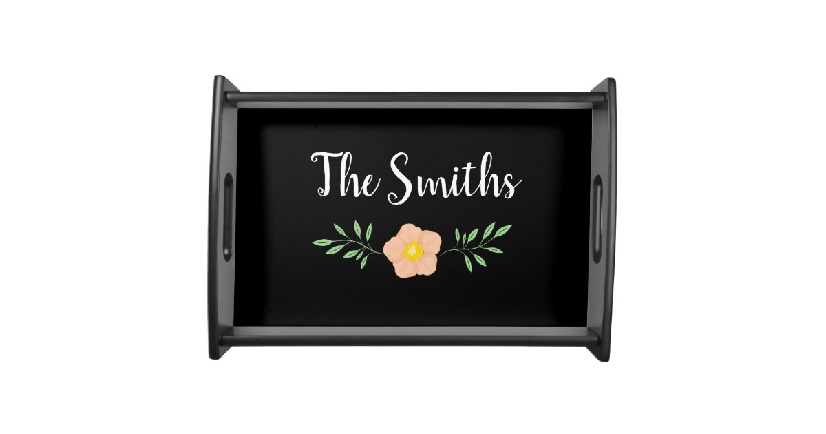 Lovely Black with floral laurel Serving Tray | Zazzle