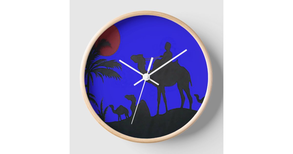 Lovely Blue Sky Sunset Camel Safari Silhouette Wall Clock | Zazzle