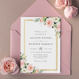 lovely blush pink floral frame wedding invitation | Zazzle