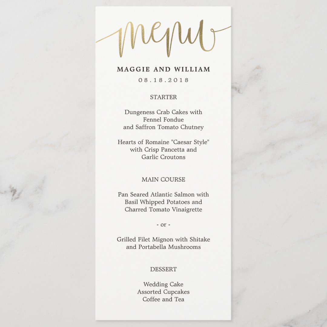 Lovely Calligraphy Menu Card Faux Gold | Zazzle