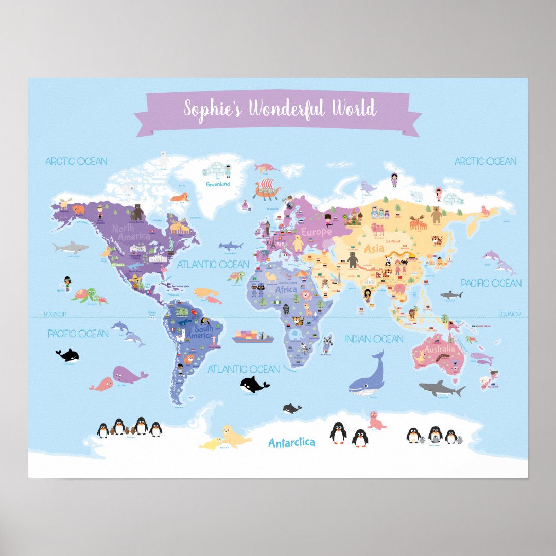 Lovely Children World Map with Illustrations Poster | Zazzle