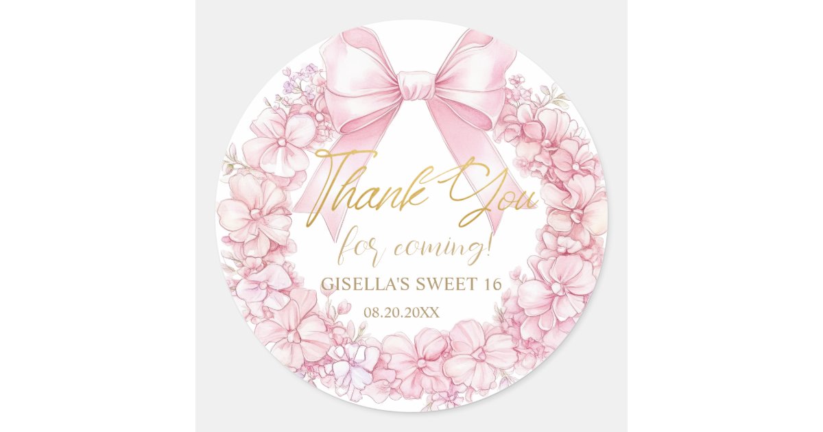 Lovely Coquette Pink Ribbon Bows Sweet 16 Quince Classic Round Sticker ...