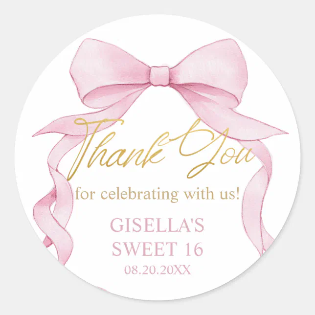 Lovely Coquette Pink Ribbon Bows Sweet Sixteen 16 Classic Round Sticker ...