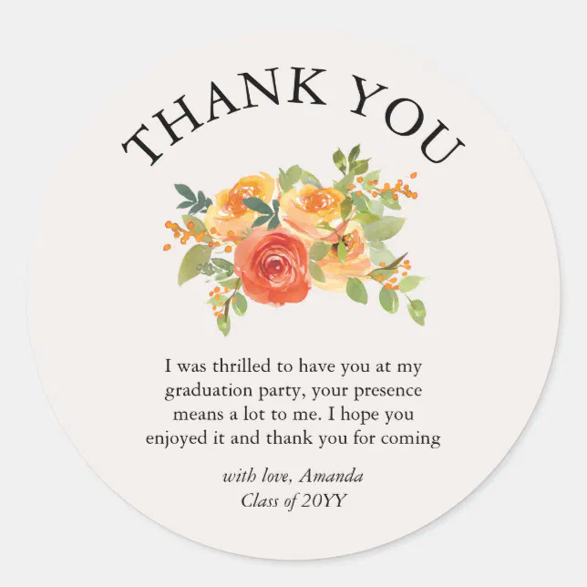 Lovely Floral Bloom Graduation Thank You Sticker | Zazzle